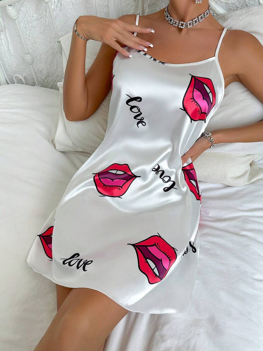 Satin Alphabet & Lips Printed Cami Pajama Dress For Sleeping Sleep ...