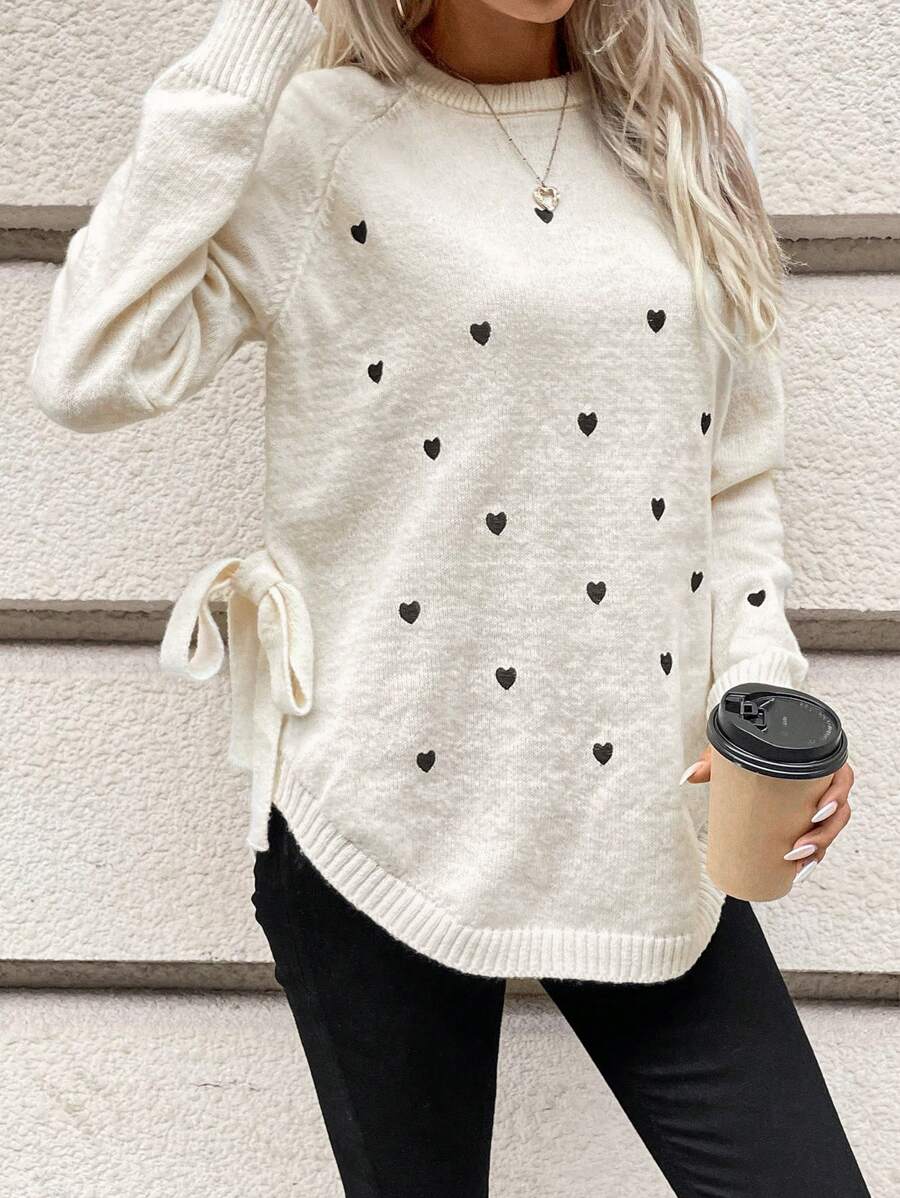 Shein Frenchy Womens Heart Pattern Raglan Sleeve Sweater For Sale