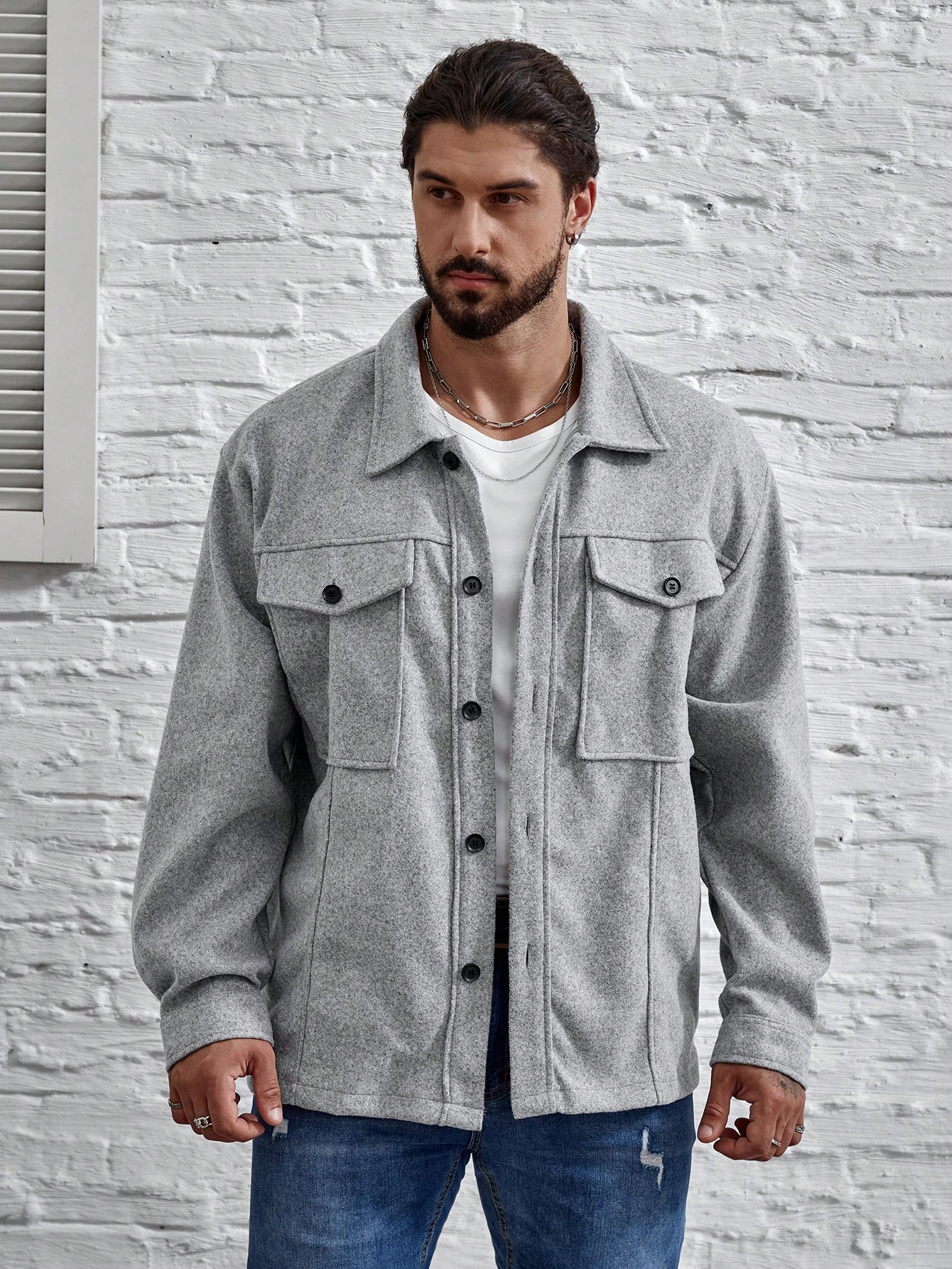 Extended Sizes Men's Plus Size Flap Pocket Button Down Collar Shacket ...