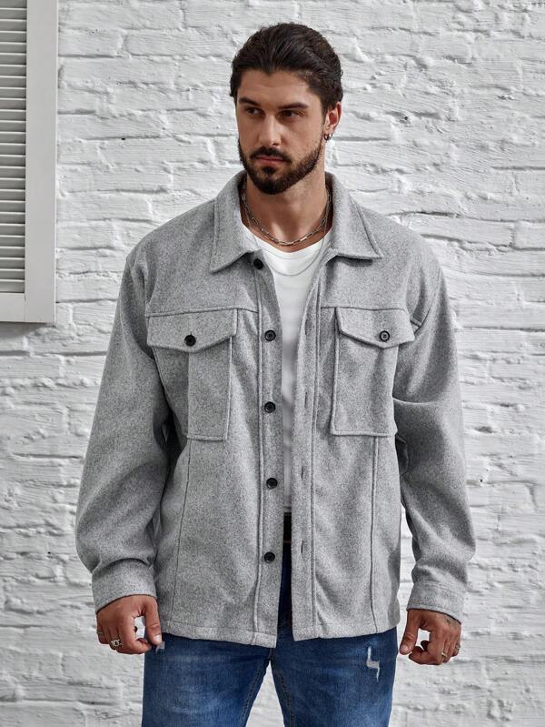 Extended Sizes Men's Plus Size Flap Pocket Button Down Collar Shacket ...