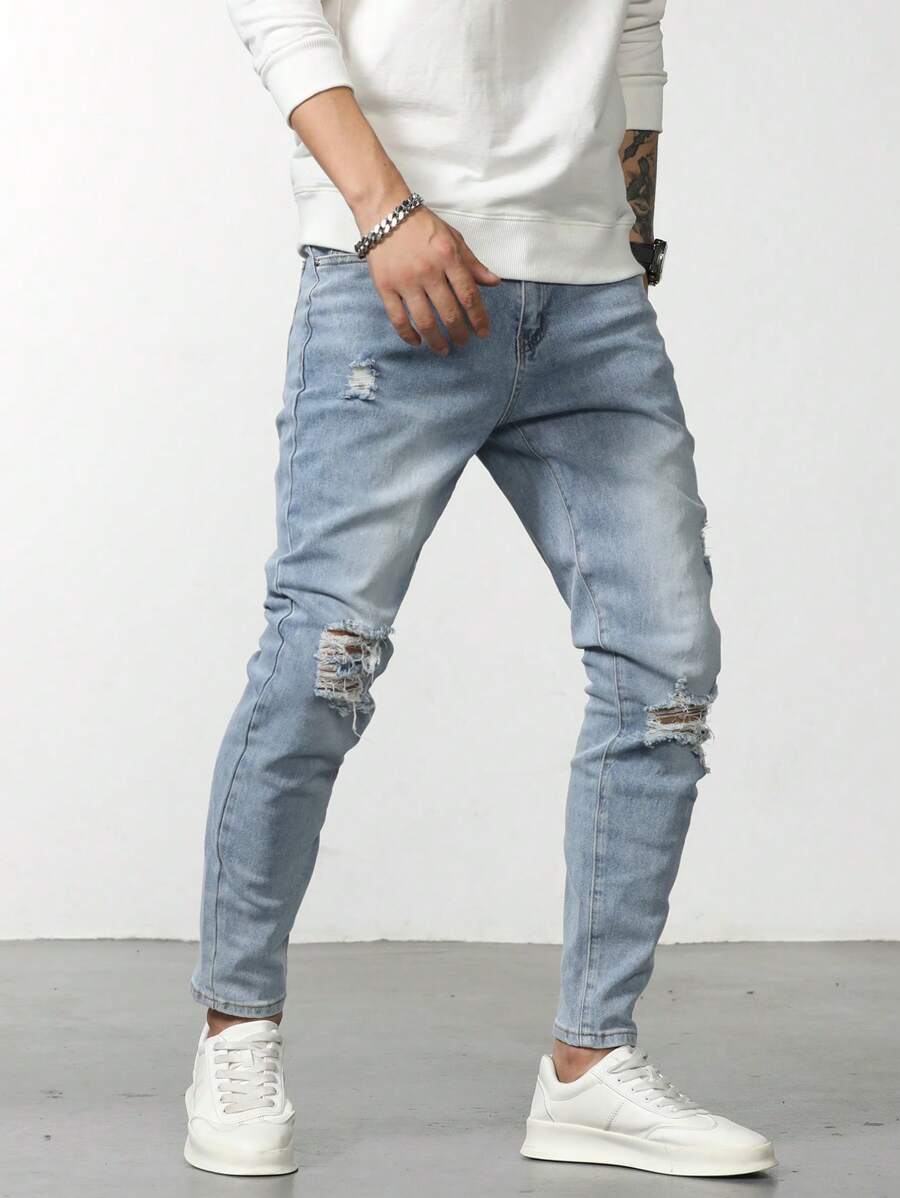 Manfinity LEGND Men Cotton Slant Pocket Ripped Jeans Slim Fit Long ...