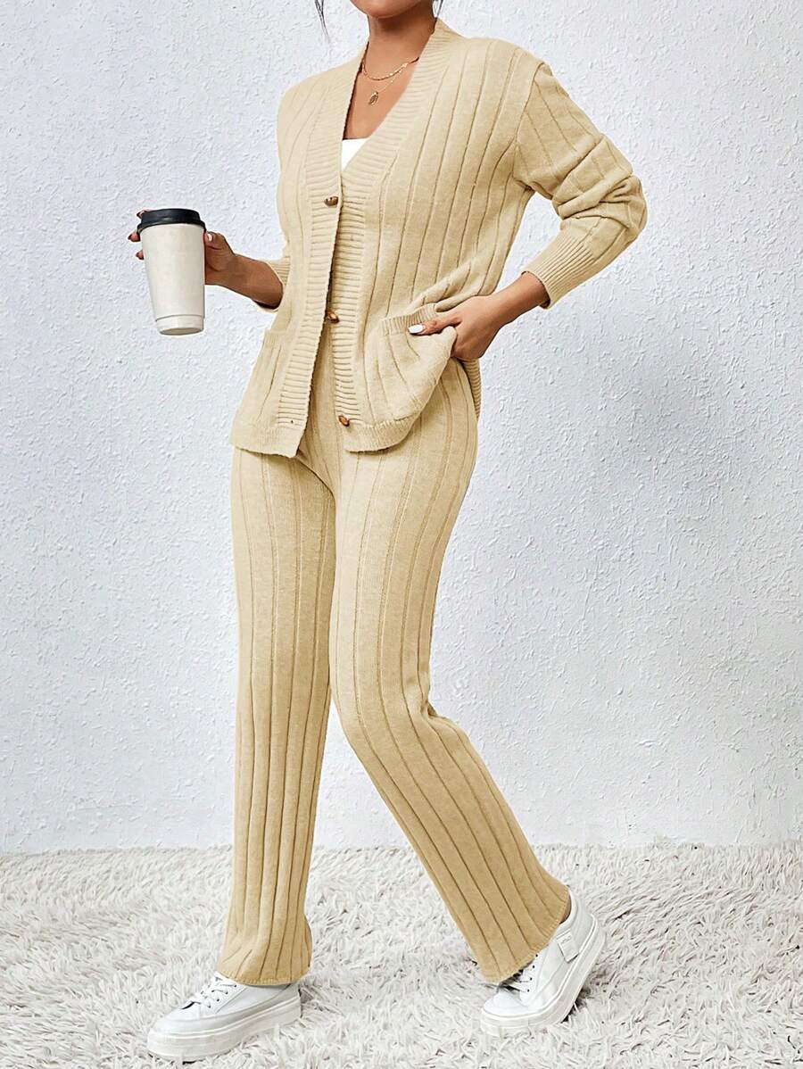 SHEIN Relaxiva Conjunto De Suéter E Calça De Tricô Com Detalhe De Bolso ...