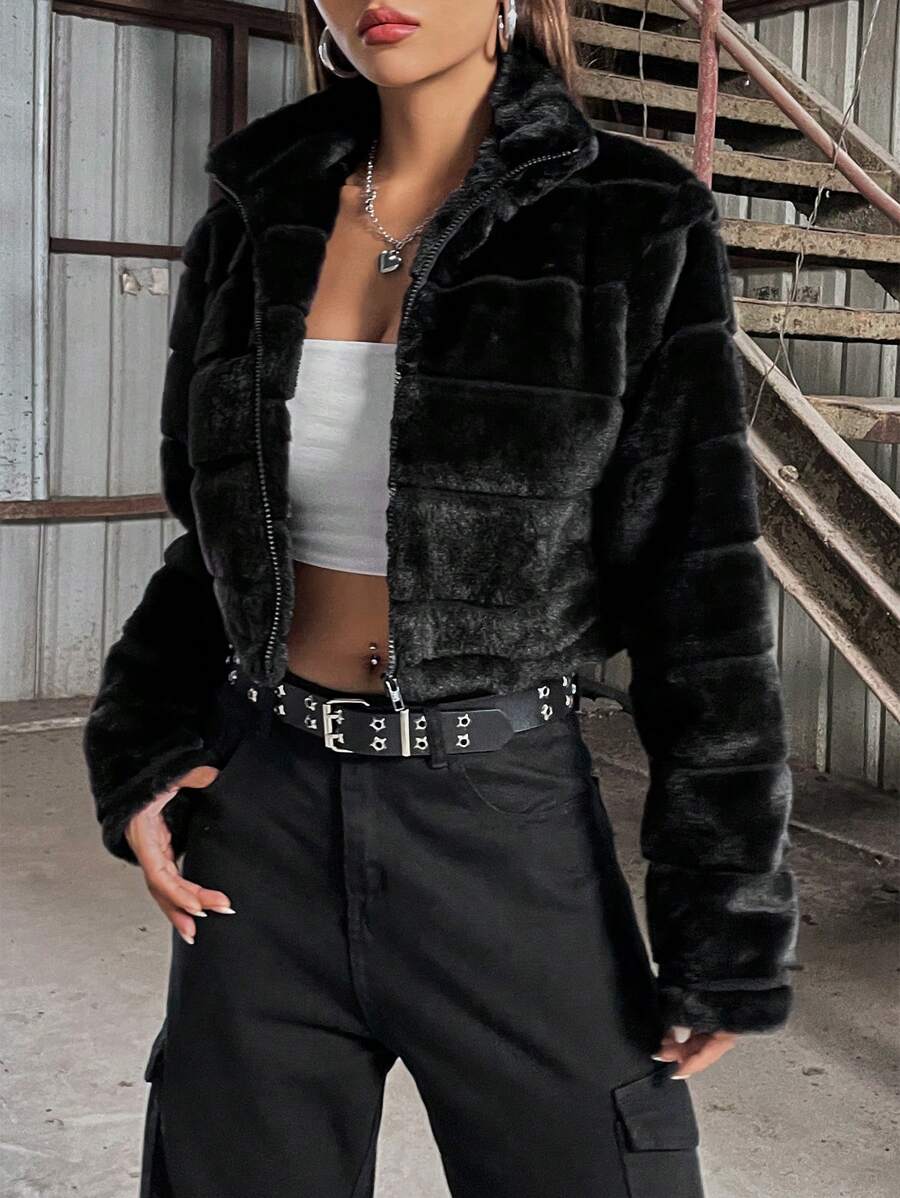 Flirla Zip Up Crop Teddy Jacket Black Fur Jacketplush Jacketcropped ...