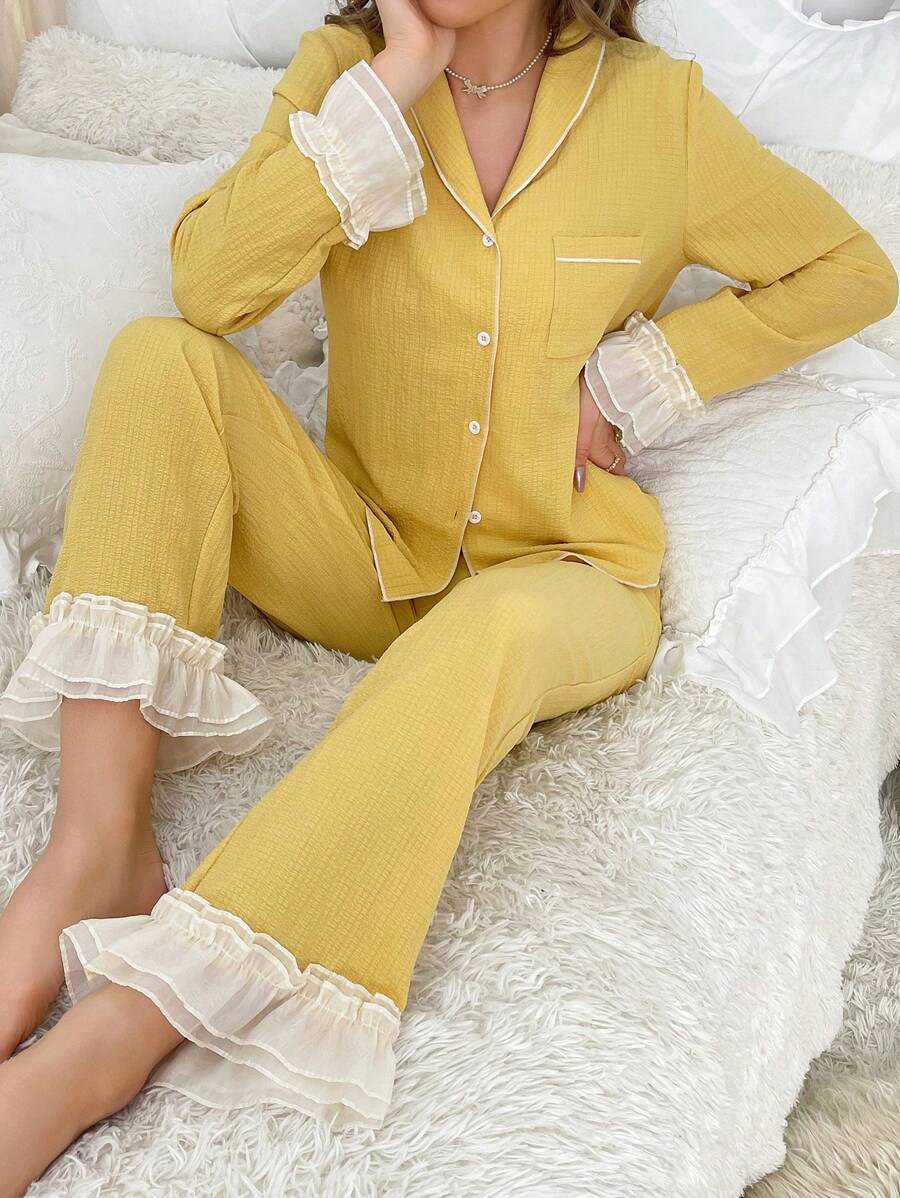 Contrast Ruffle Trim PJ Set / Pajama Set | SHEIN USA