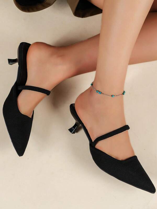 Sharp Toe Velvet Outer Wearing Mule Slip-on With Elastic Band Simple ...