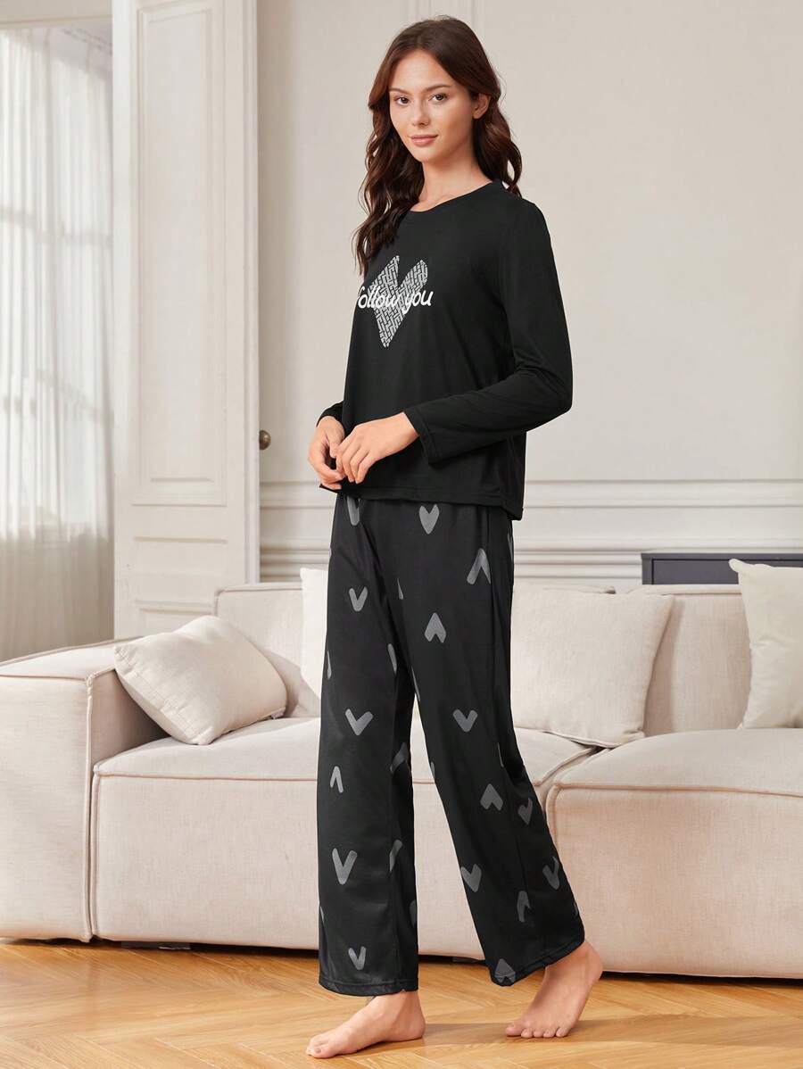 Women's Word And Heart Print Lounge Wear Set | SHEIN USA