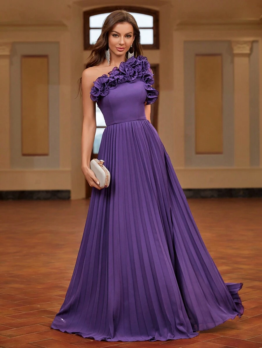 SHEIN Belle Asymmetrical Neck Ruffle Trim Pleated Formal Dress Elegant ...