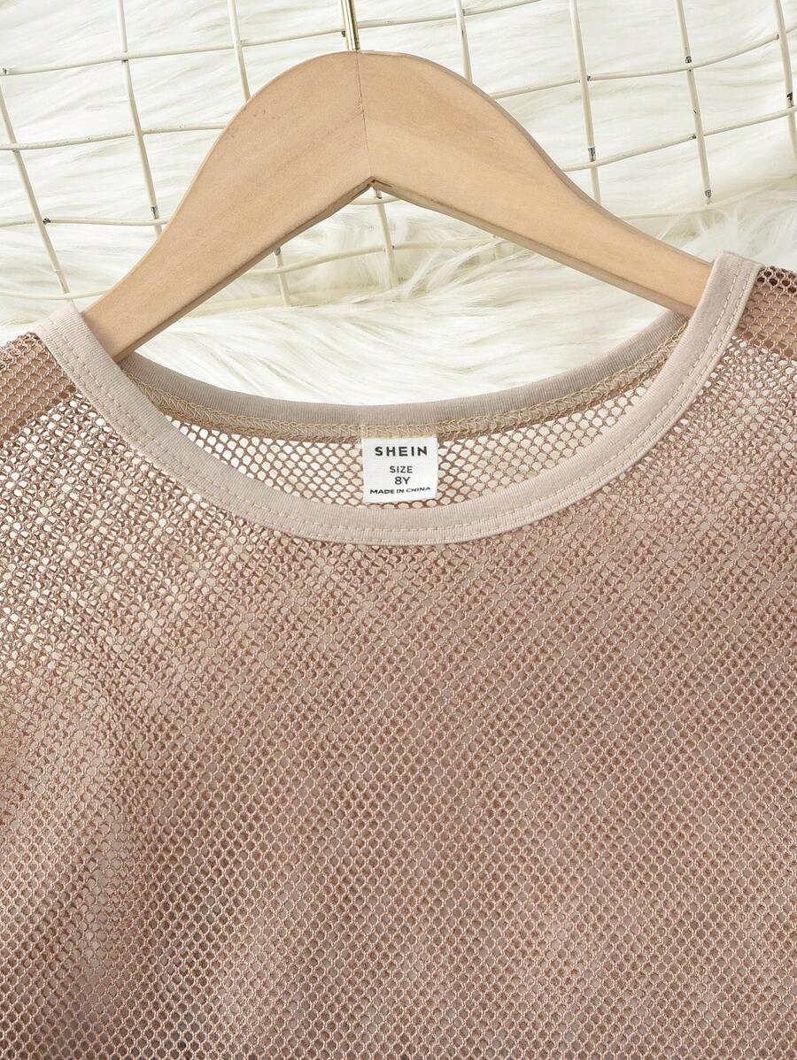 SHEIN Tween Girl Round Neck Short Sleeve Sheer Mesh Top, Cargo Pants ...