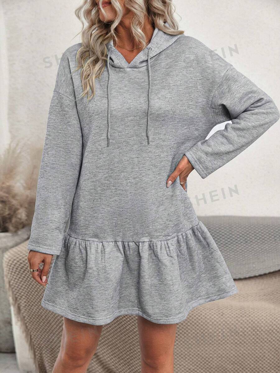SHEIN LUNE Drop Shoulder Ruffle Hem Drawstring Hooded Dress | SHEIN UK