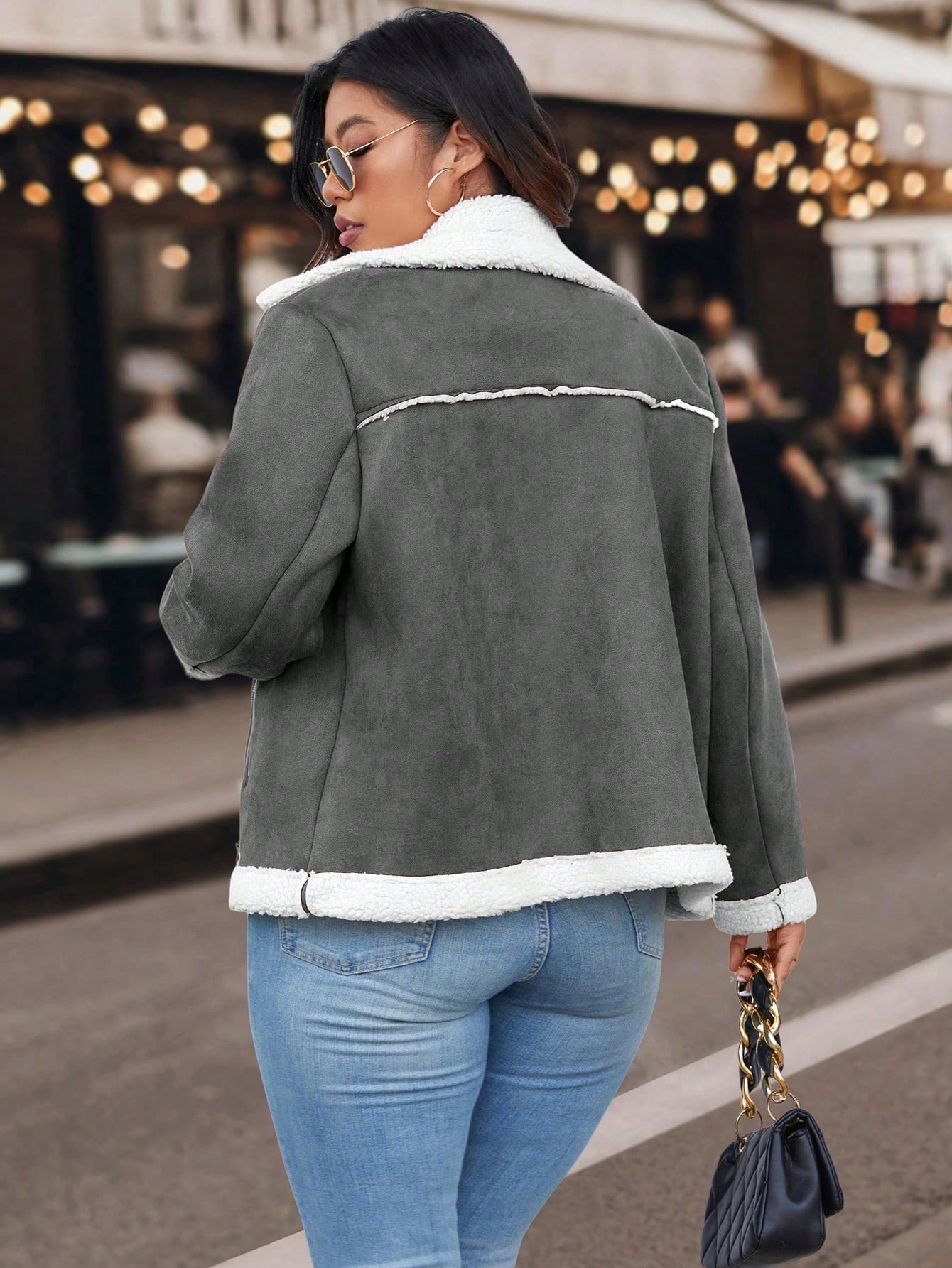 SHEIN Essnce Plus Teddy Lined Zip Up Suedette Moto Jacket Thermal | SHEIN USA