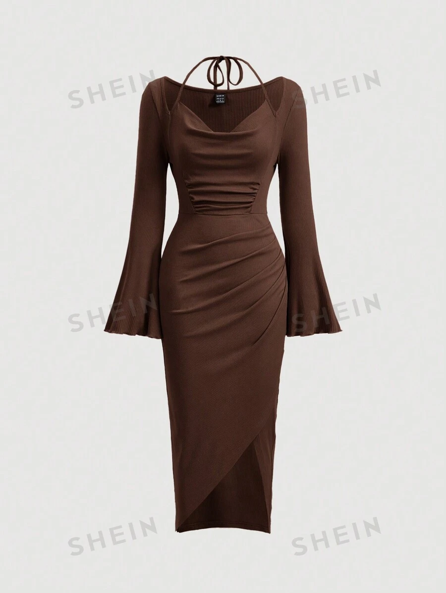 SHEIN MOD Browm Spring Bodycon Dress Long Dress With Sleeves Draped Front Flare Sleeve Ruched ...