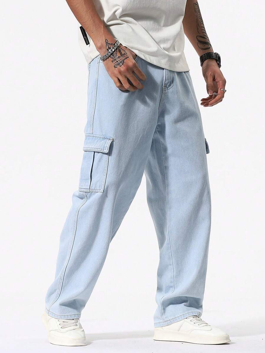 Manfinity LEGND Men's Cargo Jeans With Flap Pockets, Plain Long Wide ...