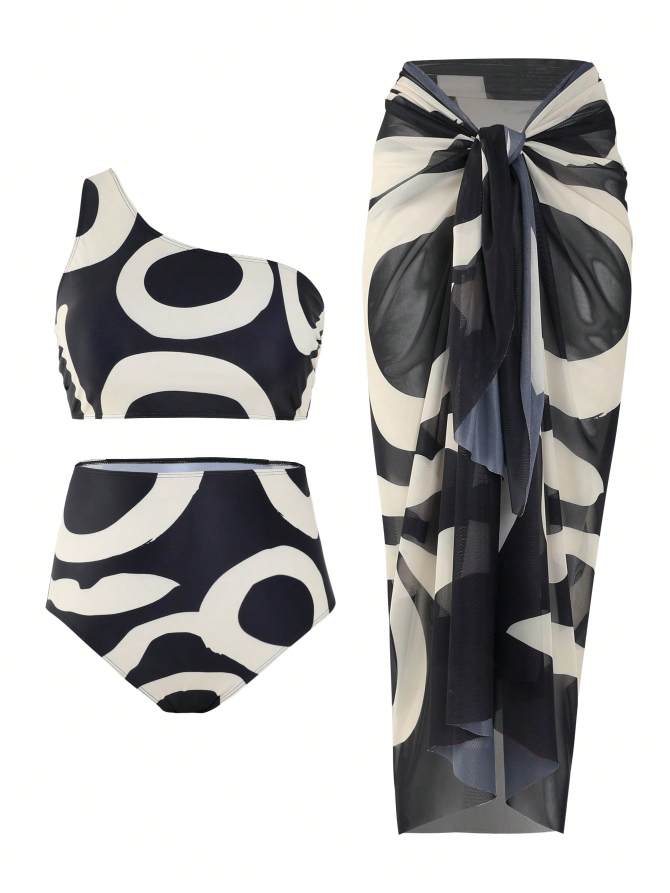 SHEIN Swim Vcay Plus Size Black And White Splicing Swimwear Set With 3 ...