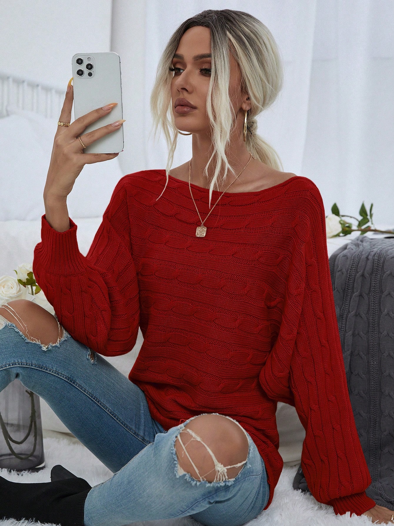 SHEIN LUNE Boat Neck Cable Knit Sweater | SHEIN EUR