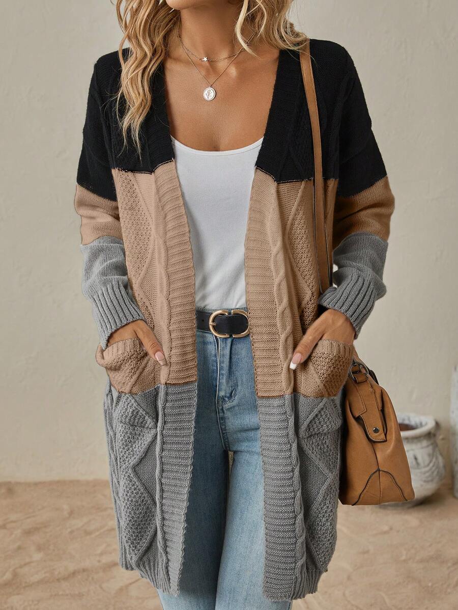 SHEIN Clasi Cable Knitted Color Block Cardigan | SHEIN USA