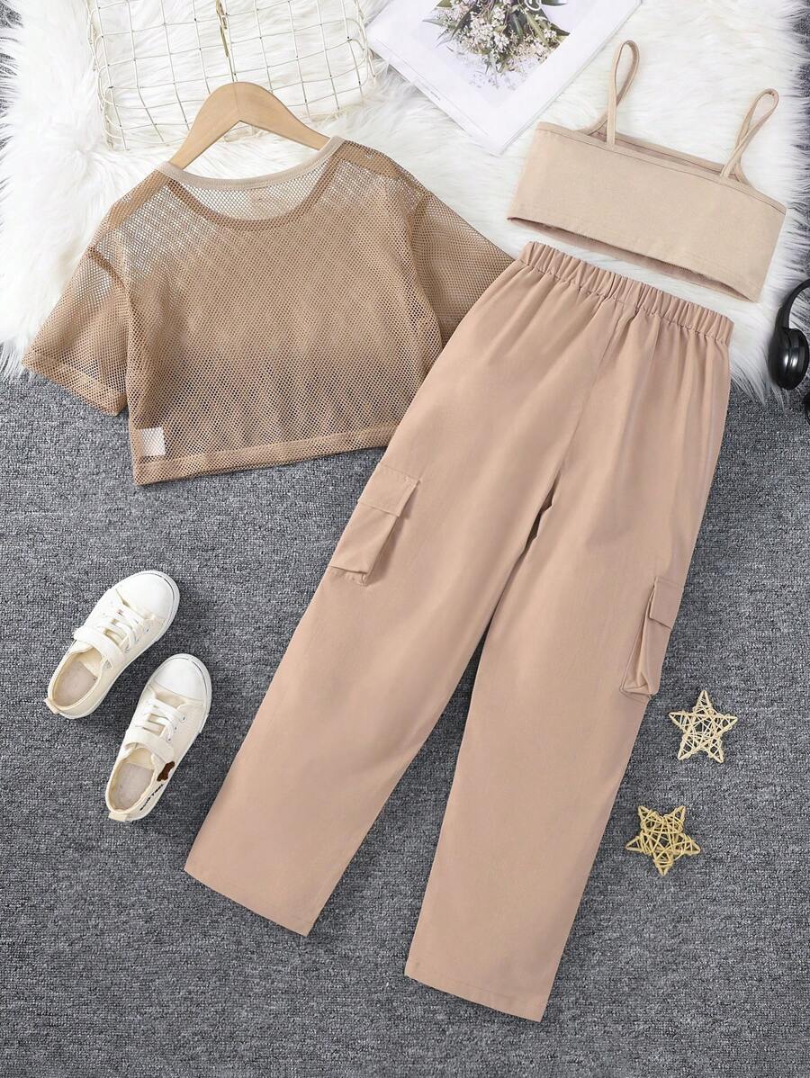 SHEIN Tween Girl Round Neck Short Sleeve Sheer Mesh Top, Cargo Pants ...