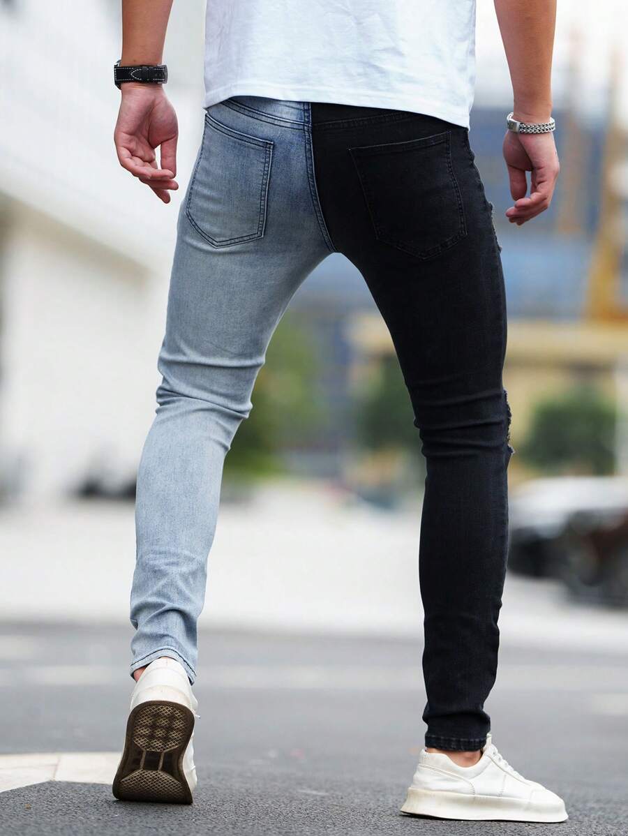 Manfinity LEGND Men's Contrast Color Ripped Slim Fit Jeans Long Frayed ...