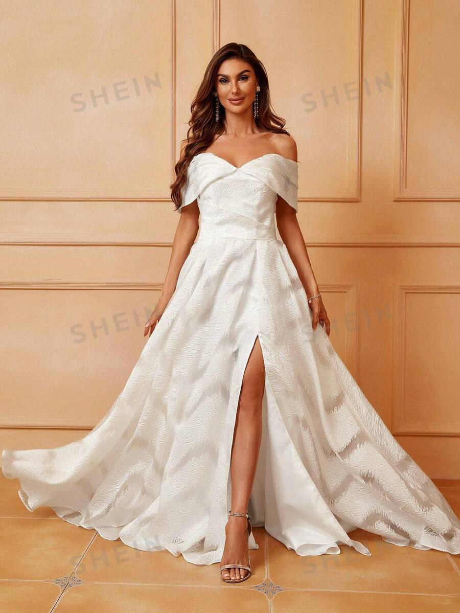 SHEIN Belle Women'S Wedding Dress Shoulder Jacquard Fabric Elegant Big ...
