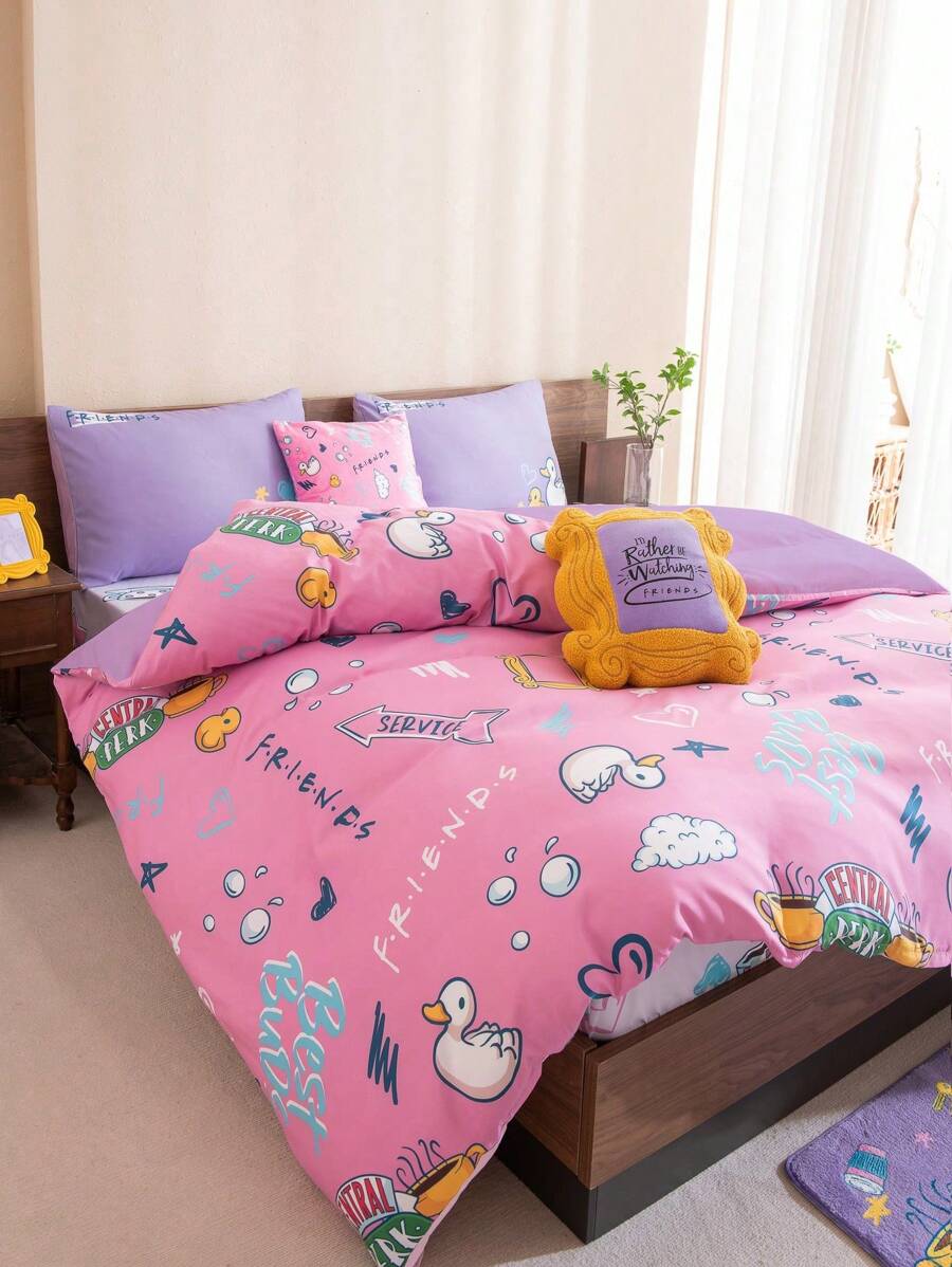 FRIENDS X SHEIN Cartoon And Letter Print Duvet Cover Set,Gifts | SHEIN USA