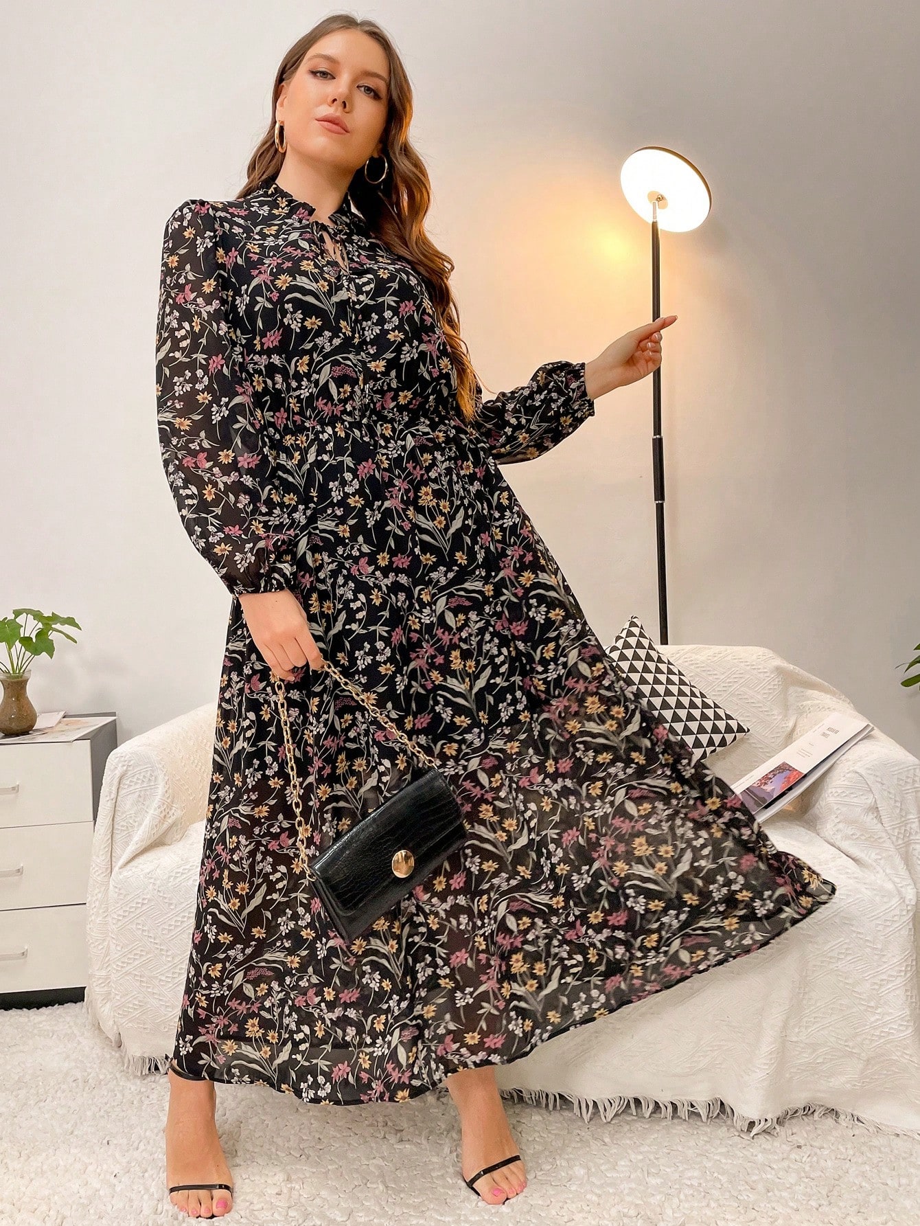 Plus Floral Print Frill Tie Neck Lantern Sleeve Dress Shein Uk