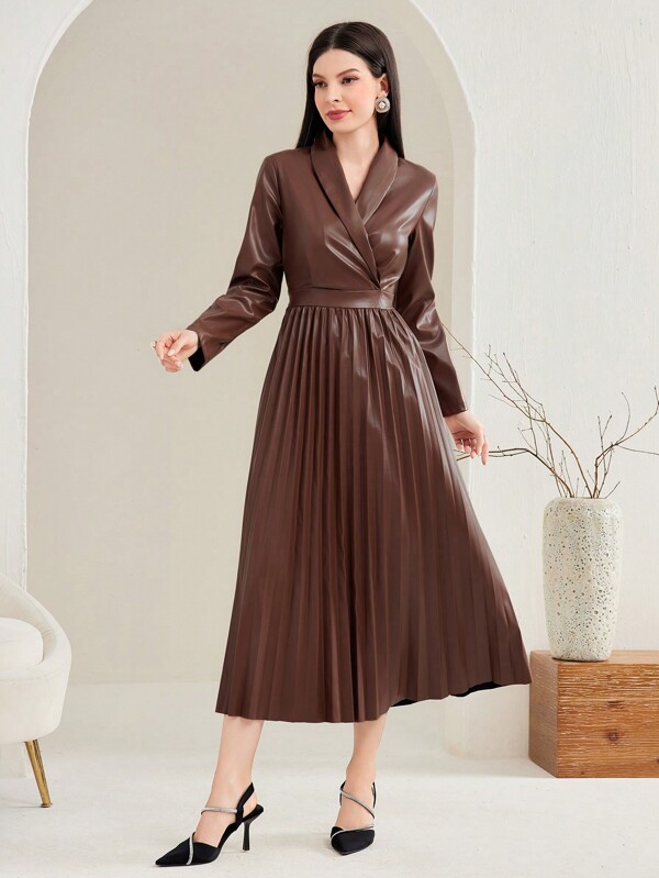 SHEIN Modely Solid Color Shawl Collar Long Sleeve Pleated Hem Dress ...