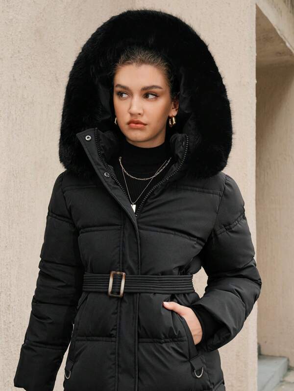 Anewsta Fuzzy Trim Hooded Puffer Coat | SHEIN USA