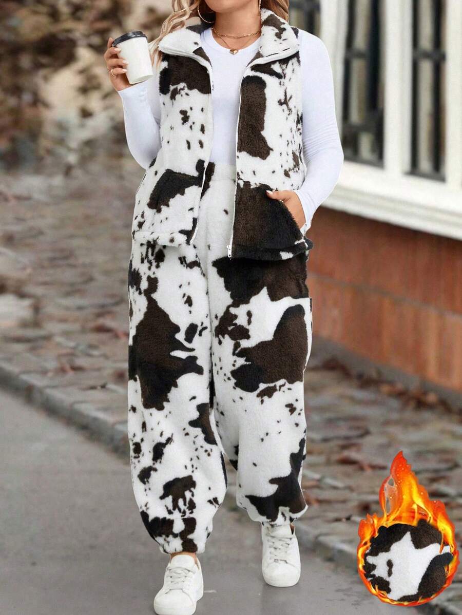 EMERY ROSE Plus Size Cow Print Thermal Vest And Pants 2-Piece Set ...