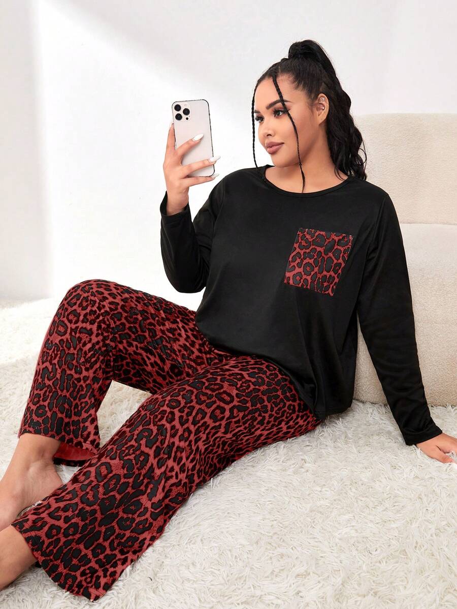 Plus Size Leopard Print Pajama Set With Pocket Detailing | SHEIN USA