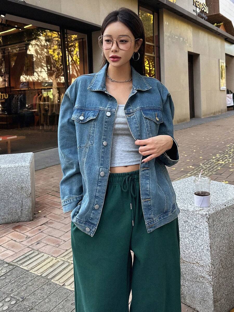 DAZY Flap Detail Drop Shoulder Denim Jacket | SHEIN USA