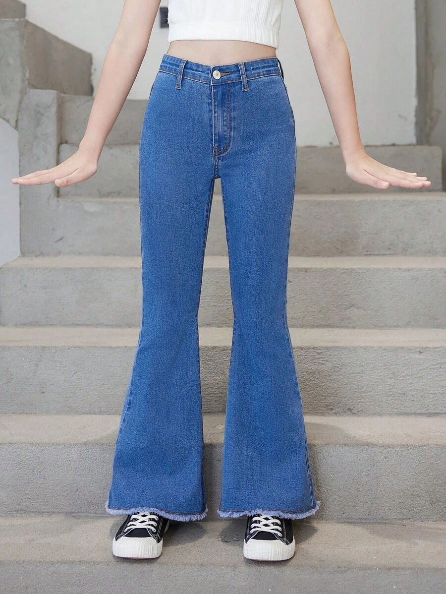 Tween Girls' Flared Jeans, Water-washed Denim | SHEIN USA
