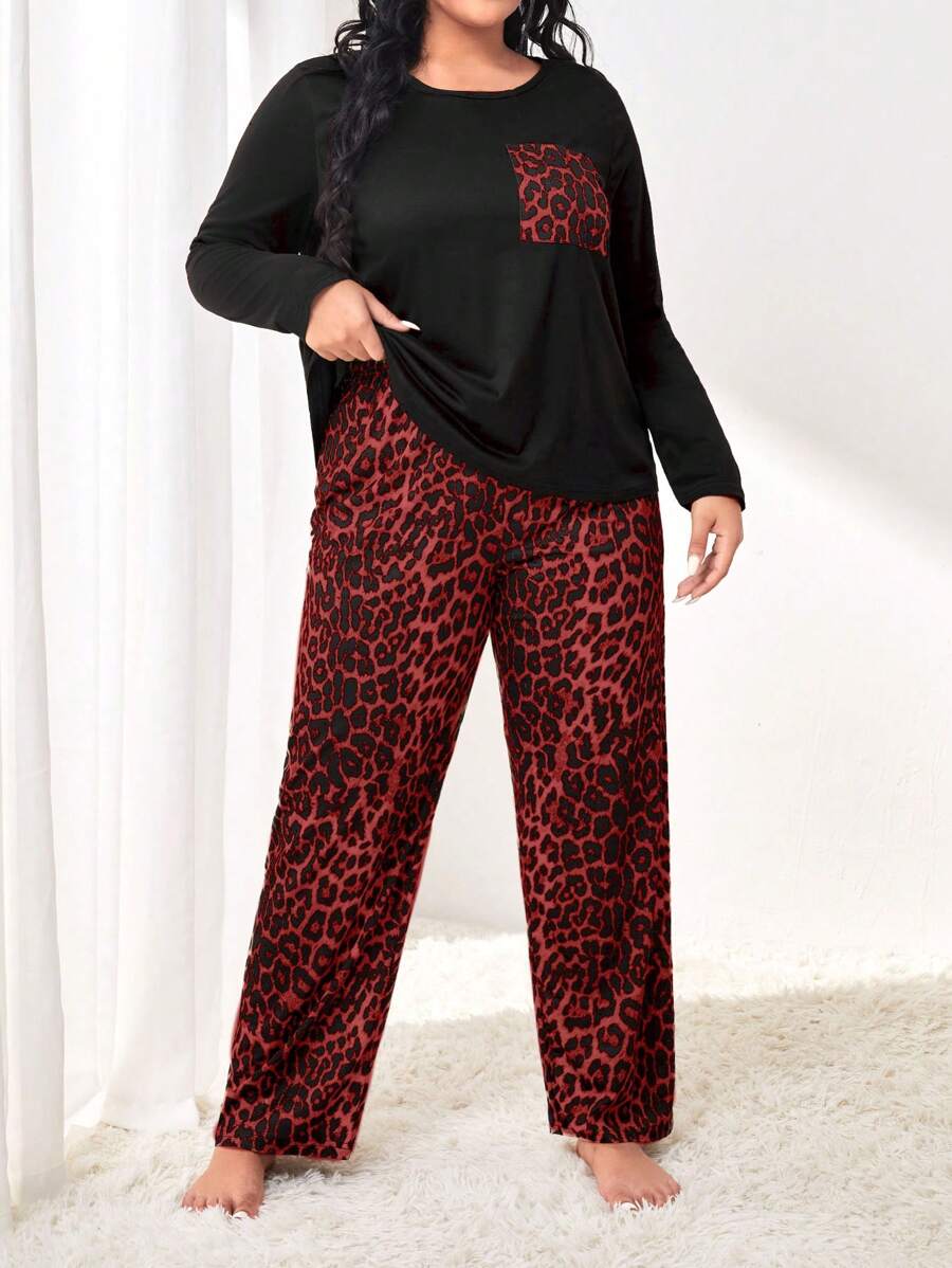 Plus Size Leopard Print Pajama Set With Pocket Detailing | SHEIN USA