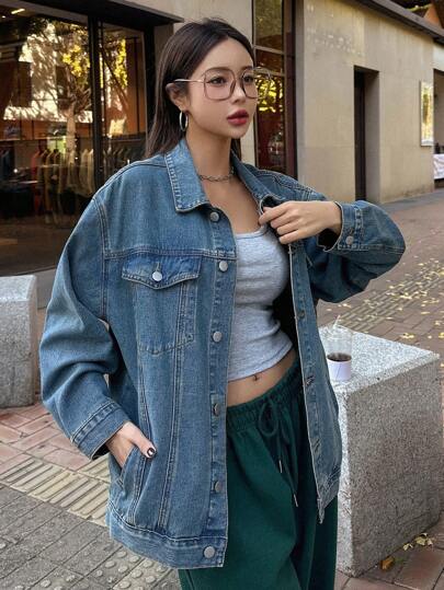 DAZY Flap Detail Drop Shoulder Denim Jacket | SHEIN USA