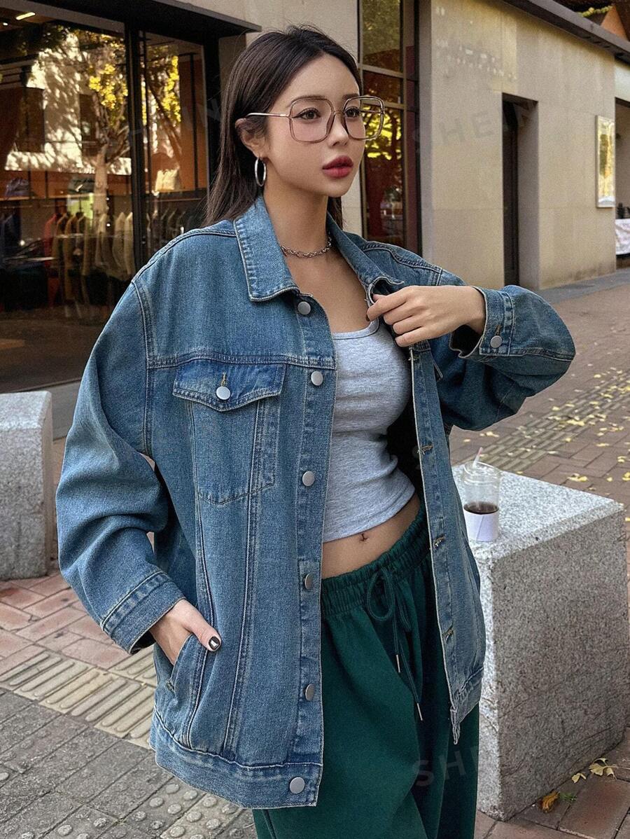 DAZY Flap Detail Drop Shoulder Denim Jacket | SHEIN USA