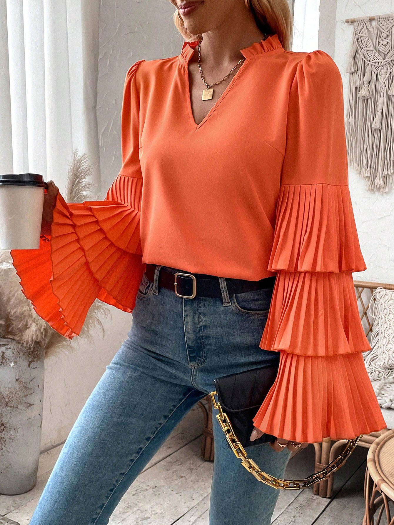 SHEIN Privé Solid Color Bell Sleeve Shirt With Notch Collar | SHEIN USA