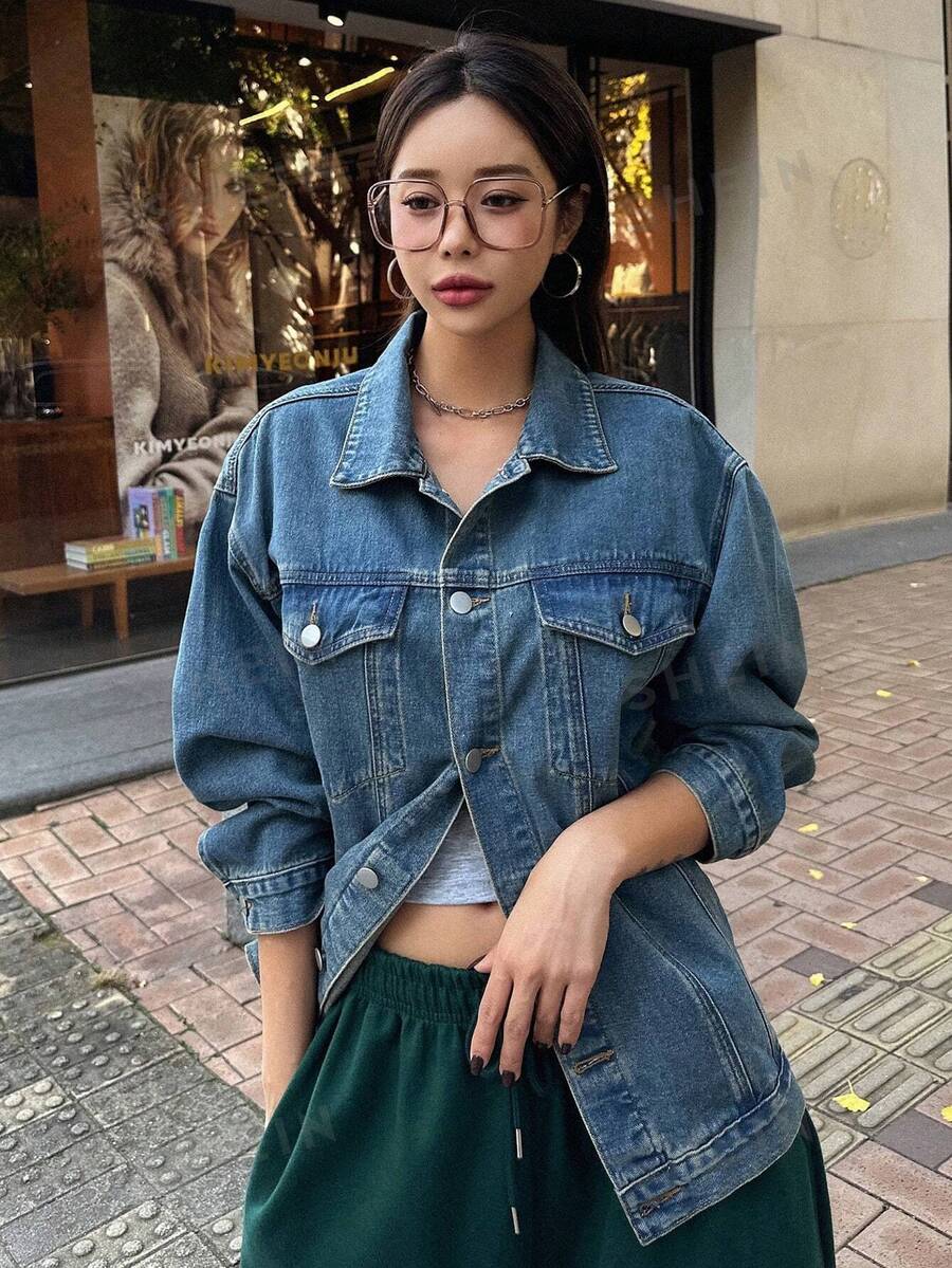 DAZY Flap Detail Drop Shoulder Denim Jacket | SHEIN USA