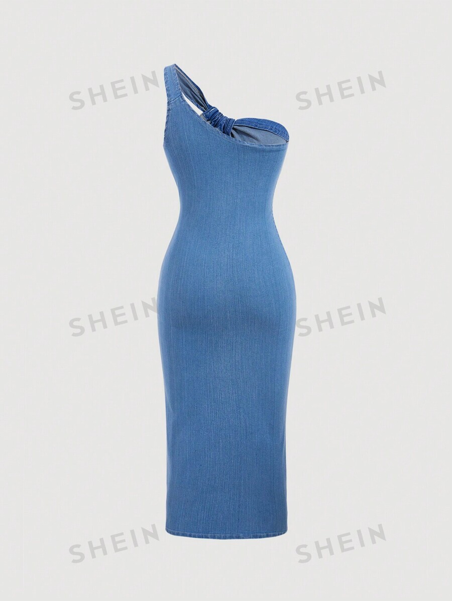 Shein Mod Blue Asymmetrical One Shoulder Twist Front Denim Dress