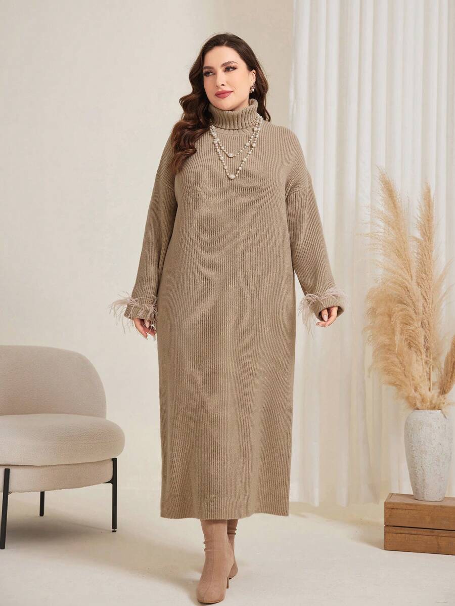 Mulvari Plus Size High Neck Splicing Fuzzy Sweater Dress | SHEIN USA