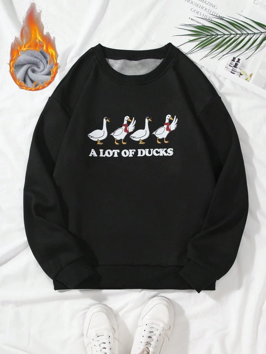 SHEIN EZwear 4pcs Duck Printed Plus Velvet Thick Round Neck Sweatshirt ...