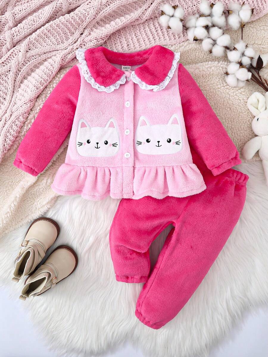 Baby Girls' 2023 Collar Floral Lace Spliced Cat Embroidery Peplum Hem ...