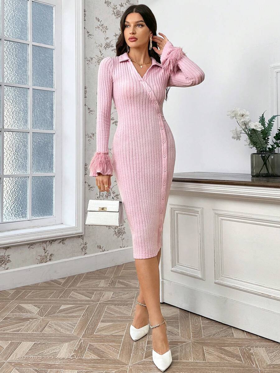 SHEIN Privé Feather & Flare Sleeve Knitted Bodycon Dress With Collar ...