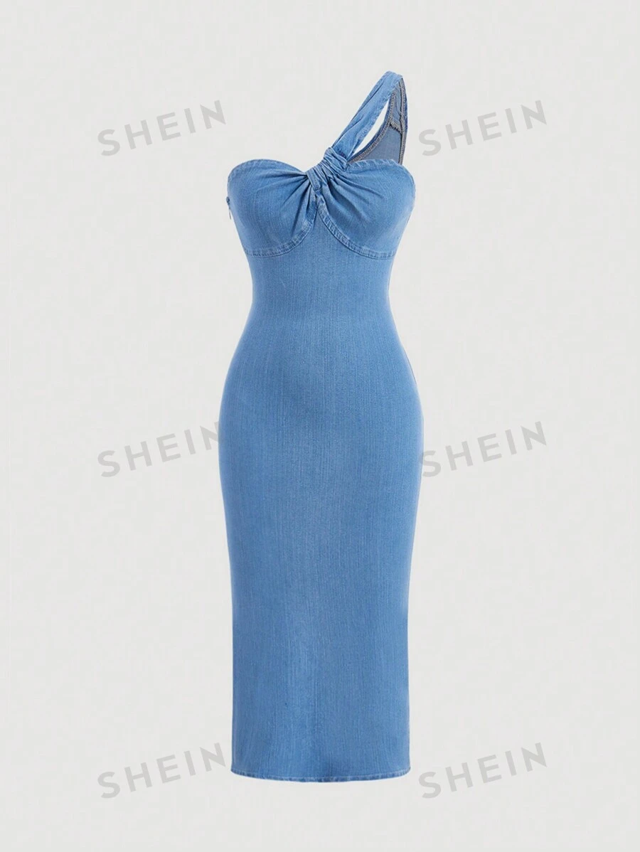 Shein Mod Blue Asymmetrical One Shoulder Twist Front Denim Dress