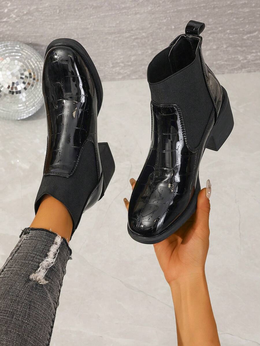 Women's Short Chelsea Boots With Thick Heels, British Patent Leather ...