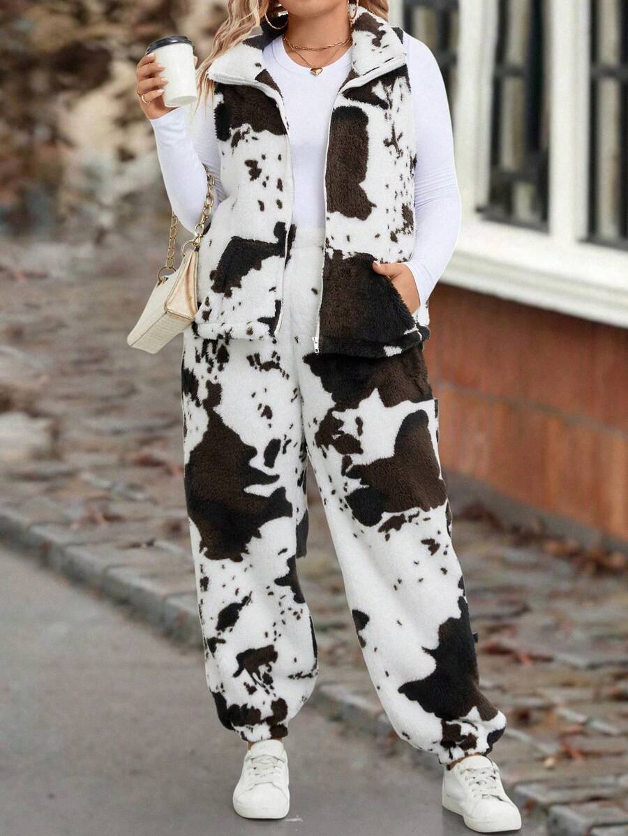EMERY ROSE Plus Size Cow Print Thermal Vest And Pants 2-Piece Set ...