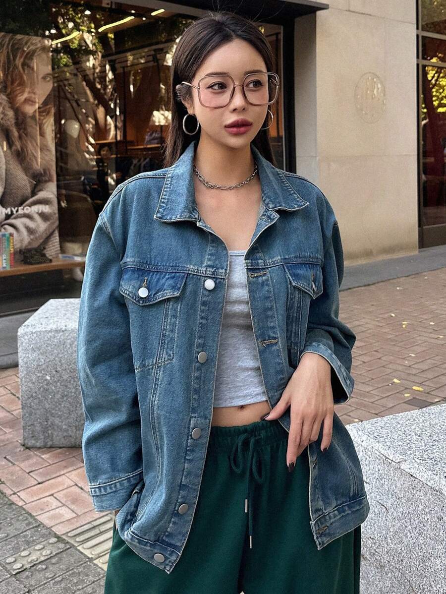 DAZY Flap Detail Drop Shoulder Denim Jacket | SHEIN USA