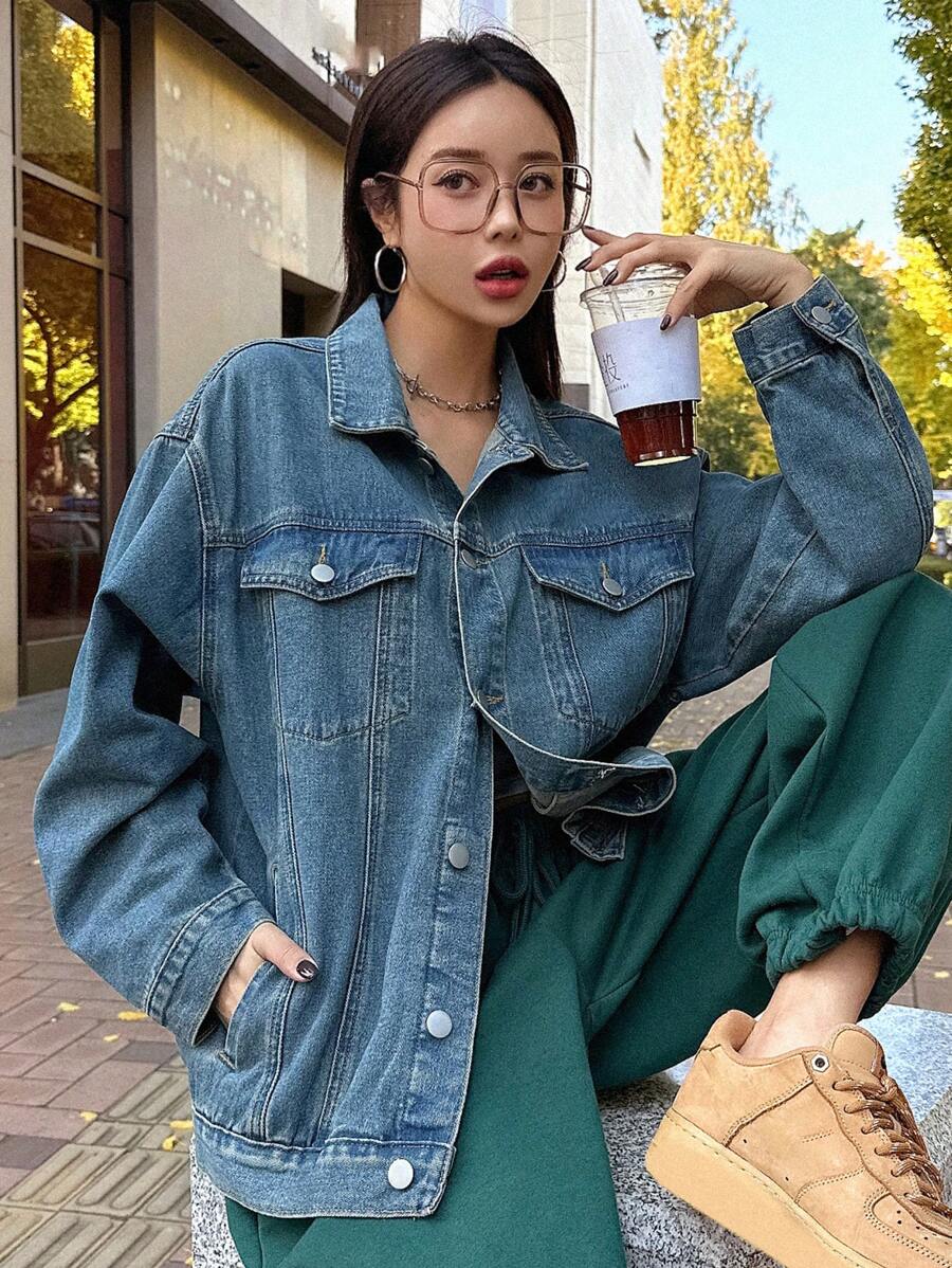 DAZY Flap Detail Drop Shoulder Denim Jacket | SHEIN USA