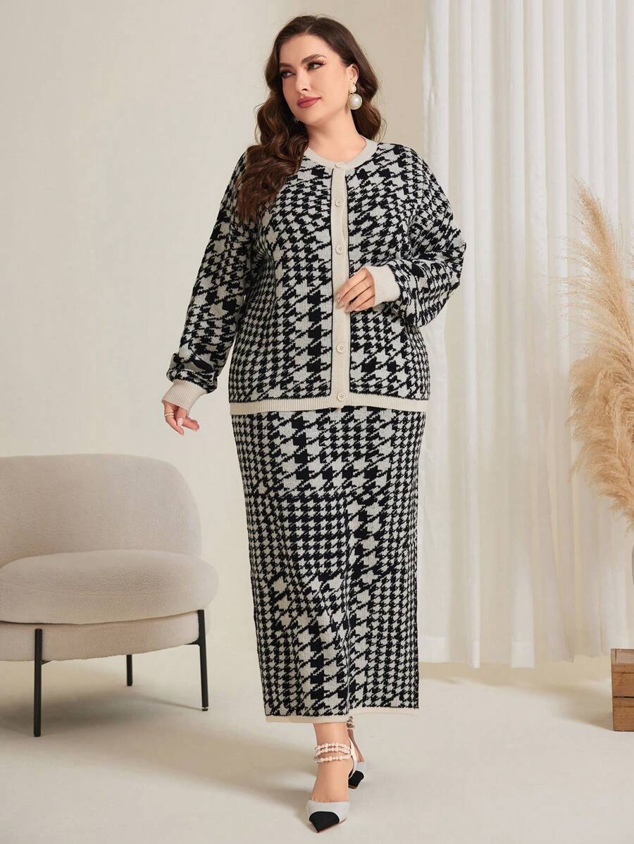 Modelyn Women's Plus Size Houndstooth Pattern Sweater And Skirt Set ...