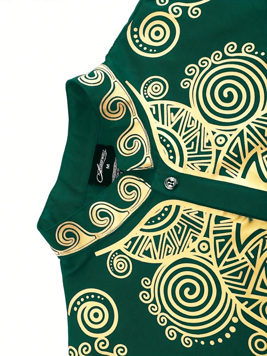 Mens Traditional Gold Floral Print Stand Collar Long Sleeve Shirt And