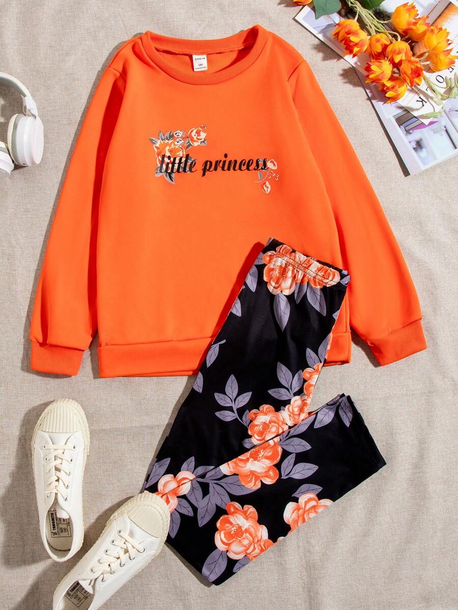 SHEIN Kids EVRYDAY Tween Girl Letter & Flower Print Sweatshirt And Long ...