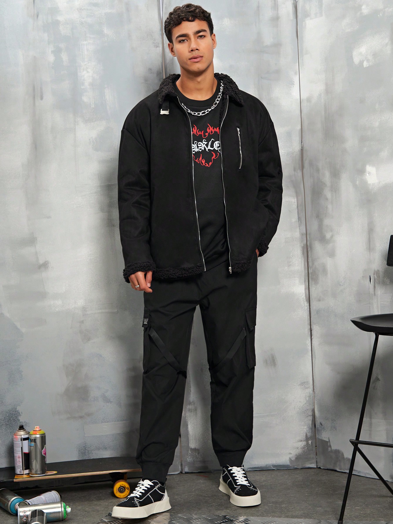 Manfinity Hypemode Loose-Fit Men's Zippered Front Stand Collar Drop ...