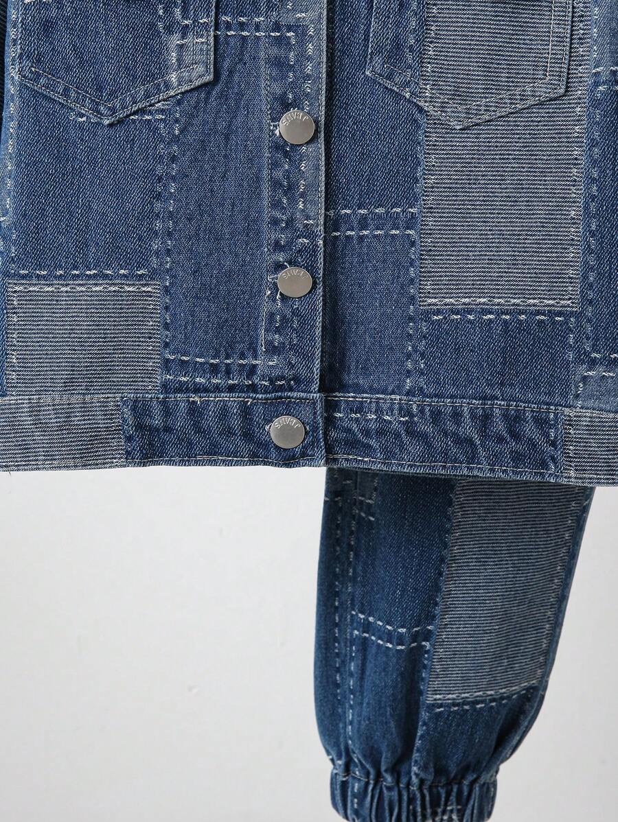 2pcs/set Color Block Denim Jacket And Jeans | SHEIN USA